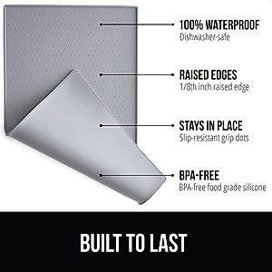 GORILLA GRIP 100% Waterproof Raised Edge BPA Free Silicone Pet Feeding Mat, Dog Cat Food Mats Contain Spills Protects Floors, Placemats for Cats and Dogs Water Bowl, Pets Accessories 28x18 Gray