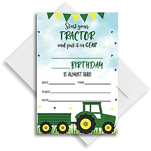 LoaHak Green Tractor Birthday Party Invitations Card For Kids, Tractor Party, Tractor Birthday Invitation. (084)