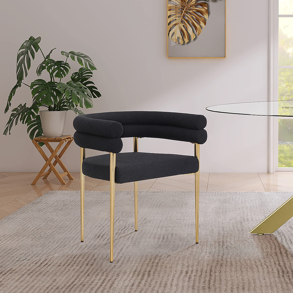 Meridian Furniture 804Black-C Brielle Collection Modern | Contemporary Boucle Fabric Upholstered Dining Chair with Brushed Brass Metal Frame, 25.5" W x 22" D x 28" H, Black, Set of 2