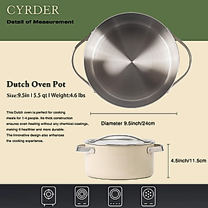 Cyrder Dutch Oven Pot with Lid - Non Toxic, PTFE & PFOA Free - 5-Ply 18/10 Stainless Steel - Oven Safe & Stovetop Agnostic - 5.5 qt 9.5" Cream