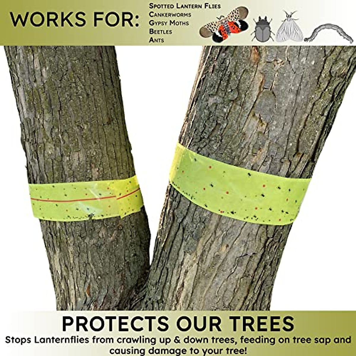 W4W, Spotted Lantern Fly Tree Trap - 4 Rolls (30 Feet Each Roll) - Lanternfly Tree Tape Creates a Sticky Barrier Protecting Trees from Harmful Insects - Non-Toxic