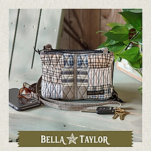 Bella Taylor Essentials Crossbody Purse with Built In Wallet, Quilted Cotton Ashmont Tan, Grey and Cream Patchwork