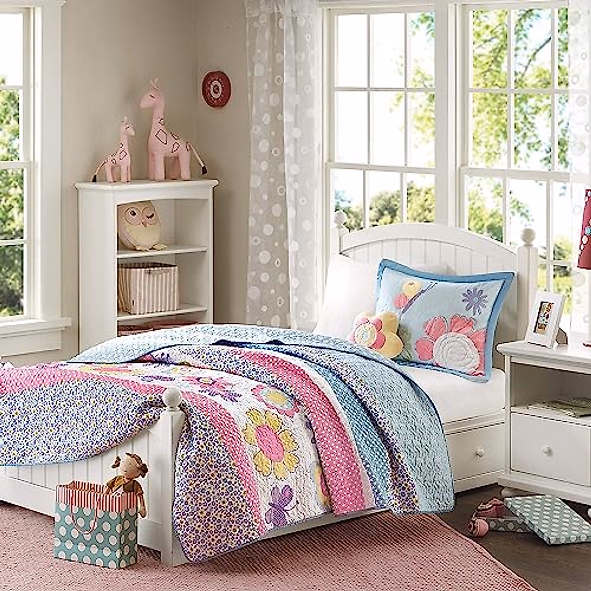 Mi Zone Kids Crazy Daisy Bedding For Girls Quilt Set - Sky Blue, Pink , Flowers, Butterfly – Kids Girls Quilts – Ultra Soft Microfiber Quilt Sets Coverlet, Full/Queen 4Piece