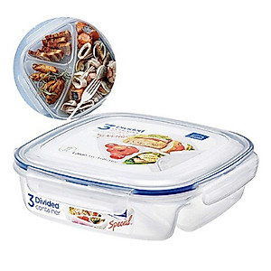 LocknLock Easy Essentials On the Go Meals Square Lunch Box Food Storage, 3 Divided Lunch box, 50-Ounce - Clear