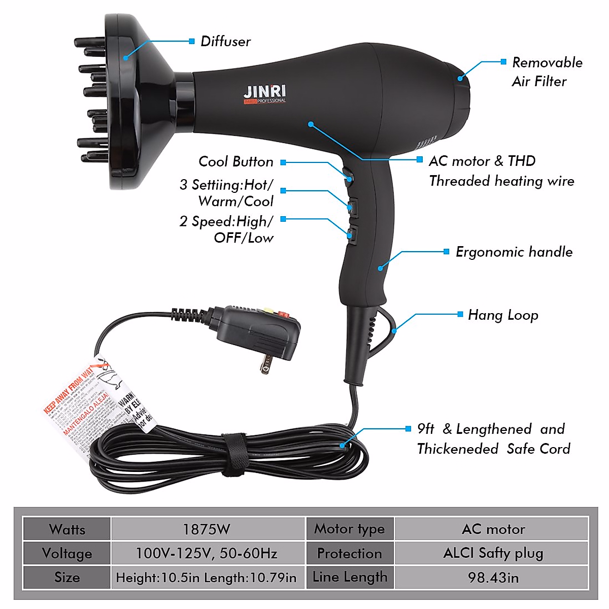 Ionic Infrared Blow Dryer - 1875W Professional Salon Dryer with Diffuser & Concentrator Attachments for Curly Hair, Black (XX-Large)