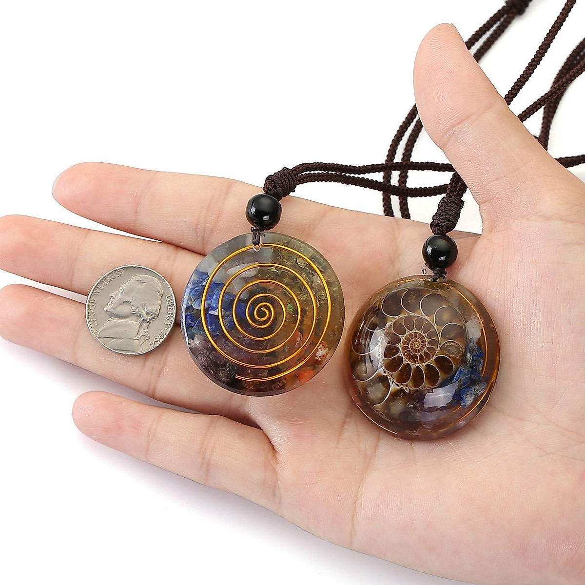 Jovivi 7 Chakra Gemstone Reki Healing Crystal Necklace Round Circle Shape Ammonite Fossil Chip Stones Resin Pendant Necklace for Women Men Jewelry Christmas Gifts
