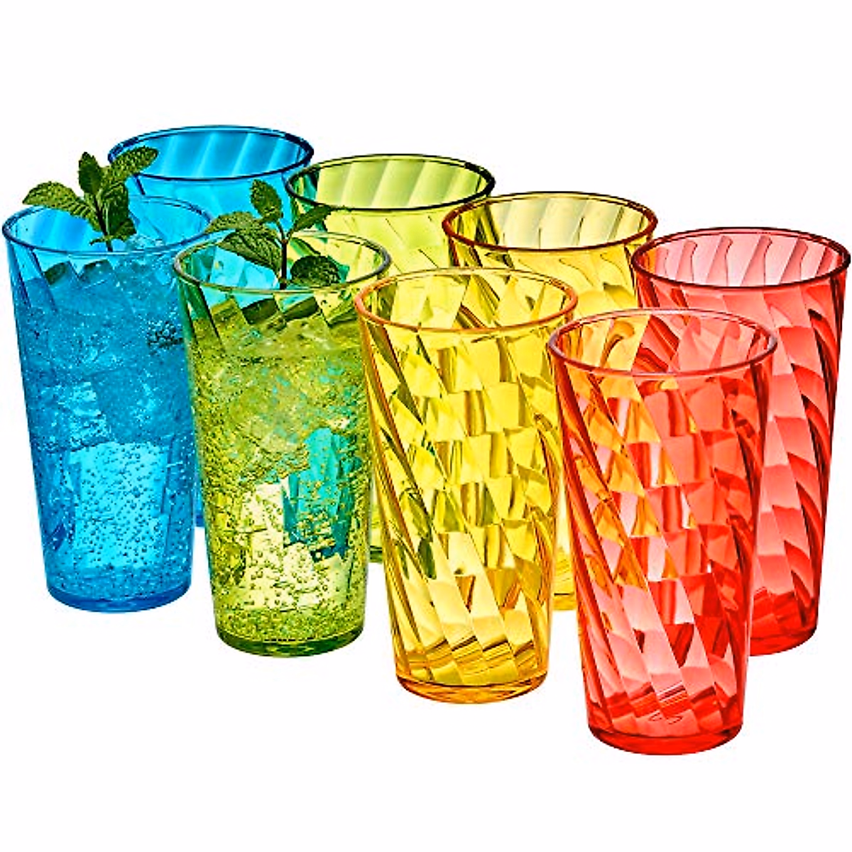 Amazing Abby - Glacier - 18-Ounce Plastic Tumblers (Set of 8), Plastic Drinking Glasses, Mixed-Color High-Balls, Reusable Plastic Cups, Stackable, BPA-Free, Shatter-Proof, Dishwasher-Safe