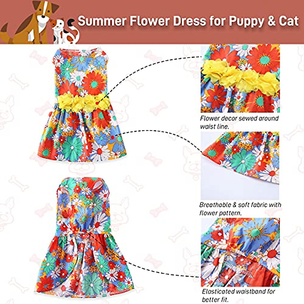 Dog Dresses for Small Dogs - Colorful Flower Print Small Dog Dress Puppy Dress Dog Apparel Summer Dog Cloth for Small Dog Girls (M(7.5-10.5lbs))