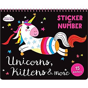 Sticker by Number Unicorns, Kittens, & More For Kids: 15 Pictures Include Kitten, Unicorn, Narwhal, Penguin, Owl, Flamingo and more!
