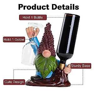 Grape Gnome Wine Bottle Holder, Blue Resin Elf Dwarf Wine Holder Set 1 Can Hold A Goblets Unique Wine Bottle Rack Tabletop Bar Kitchen Party Christmas Decoration Gift for Father/Mother/Wine Lover