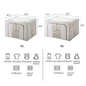 SHIMOYAMA Foldable Large Storage Bag, 2 Pack, 73L and 90 L, Fabric Stackable Containers with Metal Frame, Large Storage Box Set Organizer with Clear Window and Carry Handles for Bed, Closet