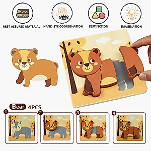 GYBBER&MUMU Wooden Thickened Animal Puzzle Toy Set Panda Deer Owl Duck Fox Puzzle Toy Hand-Eye Coordination Intellectual Toy Set for Preschool (Bear)