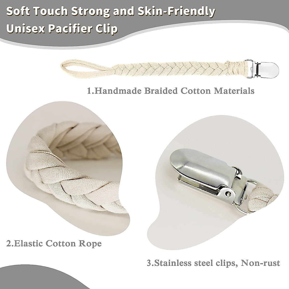 Duludulu 7 Pcs Braided Pacifier Clips for Boys and Girls, Pacifier Holder Baby Binky Clips Handmade Cotton Modern Unisex Pacifier Smoother Clip Fits All Pacifiers for Shower Birthday Gifts
