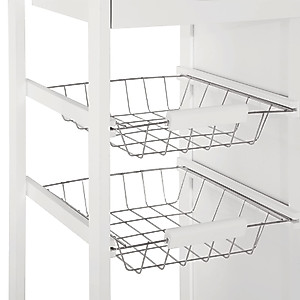 HOMCOM 28" Rolling Kitchen Island with Storage, Kitchen Cart with Solid Bamboo Top, Wire Basket,Door Cabinet and Drawers, White