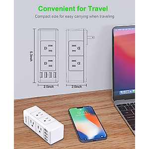 2 Prong Power Strip with Rotating Plug, EyGde Multi Plug Outlet Extender, Multiple Outlet Splitter(3 Sided 6 Sockets) and 4 USB Ports, Wall Adapter Surge Protector (1700J) for Travel, Office, White