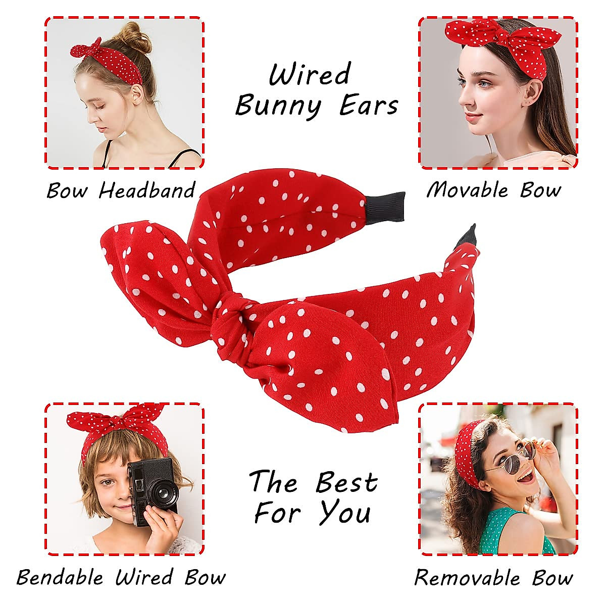 TOBATOBA 6Pack Polka Dot Bow Headbands - Cute Bunny Ears Top Knot, Vintage Hair Accessories for Women and Girls