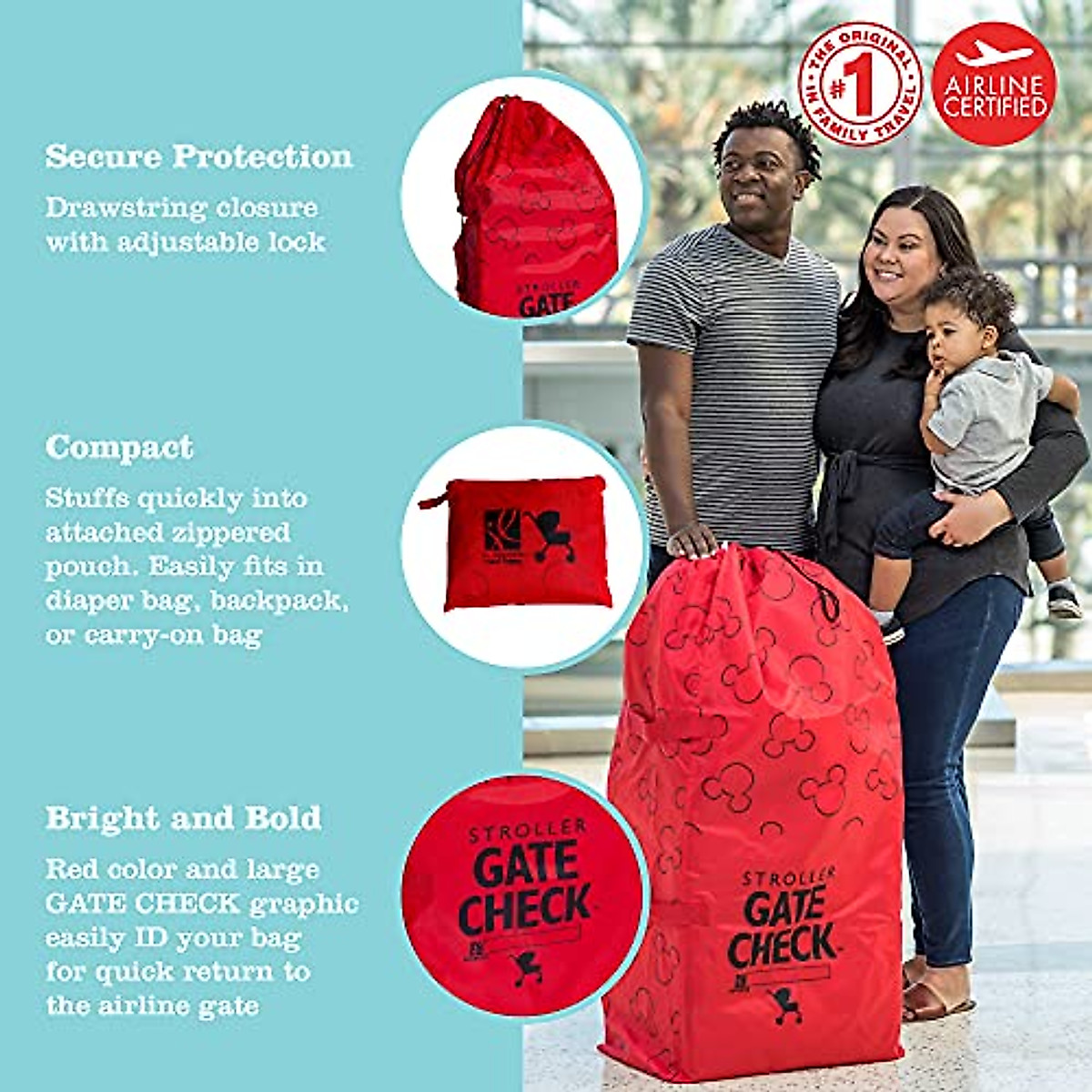 Disney Baby by J.L. Childress Gate Check Bag for Single & Double Strollers - Single & Double Stroller Travel Bag - Large Stroller Travel Bag for Airplane - Air Travel Stroller Bag - Red, Mickey Mouse