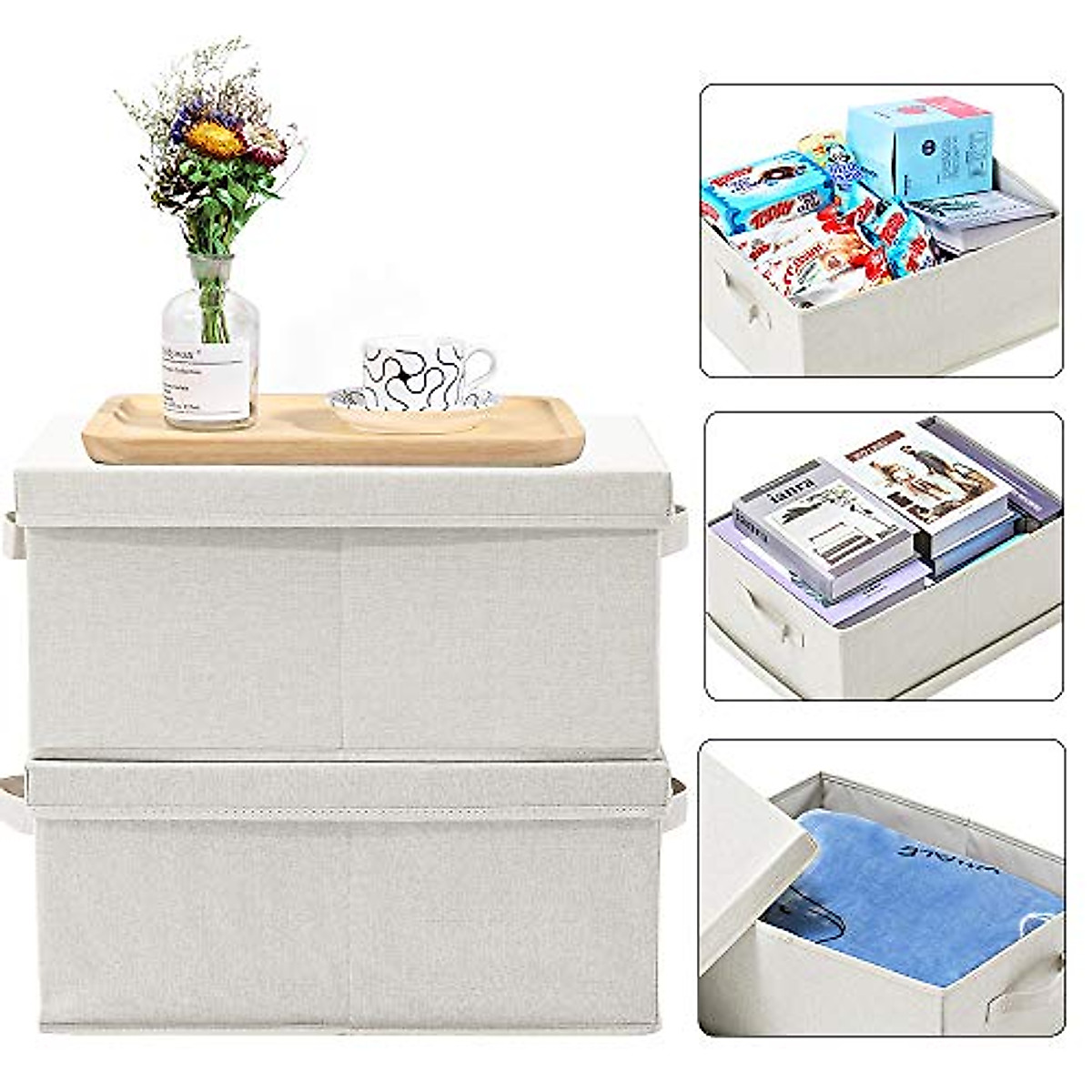 HOONEX Foldable Storage Bins with Lids, 2 Pack, Storage Boxes with Carrying Handles and Study Heavy Cardboard, 16.5" L x 11.8" W x 7.5" H for Toy, Shoes, Books, Clothes, Linens, Nursery, Beige