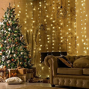 Lighting EVER Christmas Curtain Lights Battery Operated & USB Plug in, Remote, 10 x 10 ft Hanging Fairy Lights for Bedroom Wall, 300 LED Indoor Outdoor Backdrop Lights for Wedding Party, Patio Gazebo