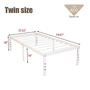 alazyhome 18 Inch Metal Twin Size Bed Frame Heavy Duty Platform Noise Free Steel Slat Support Easy Assembly Noise Free No Box Spring Required White