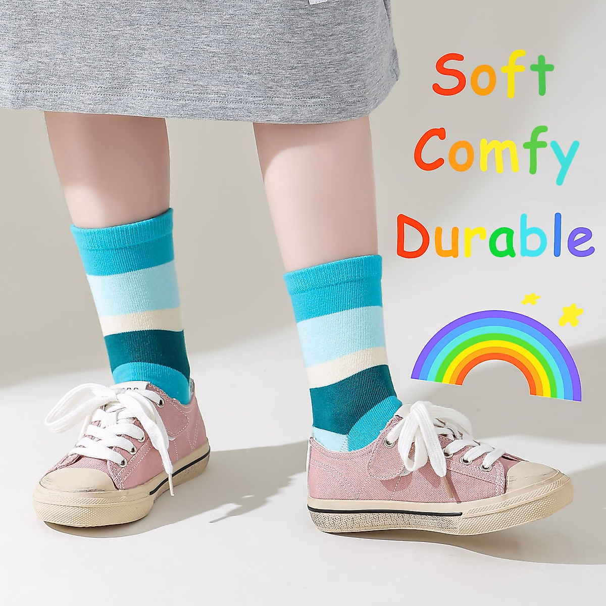 hakugoo Kids Crew Socks Seamless Boys Girls Rainbow Stripes Socks Cotton Athletic Socks 6-8 Years Unisex Cute Fun Socks Boot Socks 5 Pairs (Set B,L)