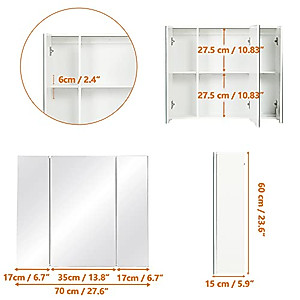 Medicine Cabinet Bathroom Mirror Cabinet with 3 Door 27.6 x 24 Inch Bathroom Wall Cabinet with Mirror Wall Mirror Storage Shelf with 3-Adjustable Shelves Storage Organizer Kitchen Cupboard White