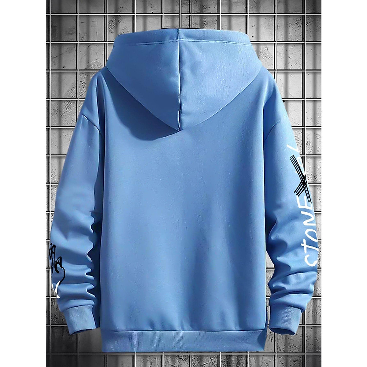 WDIRARA Men's Cartoon Letter Graphic Drawstring Hoodie Long Sleeve Pocket Sweatshirts Blue L