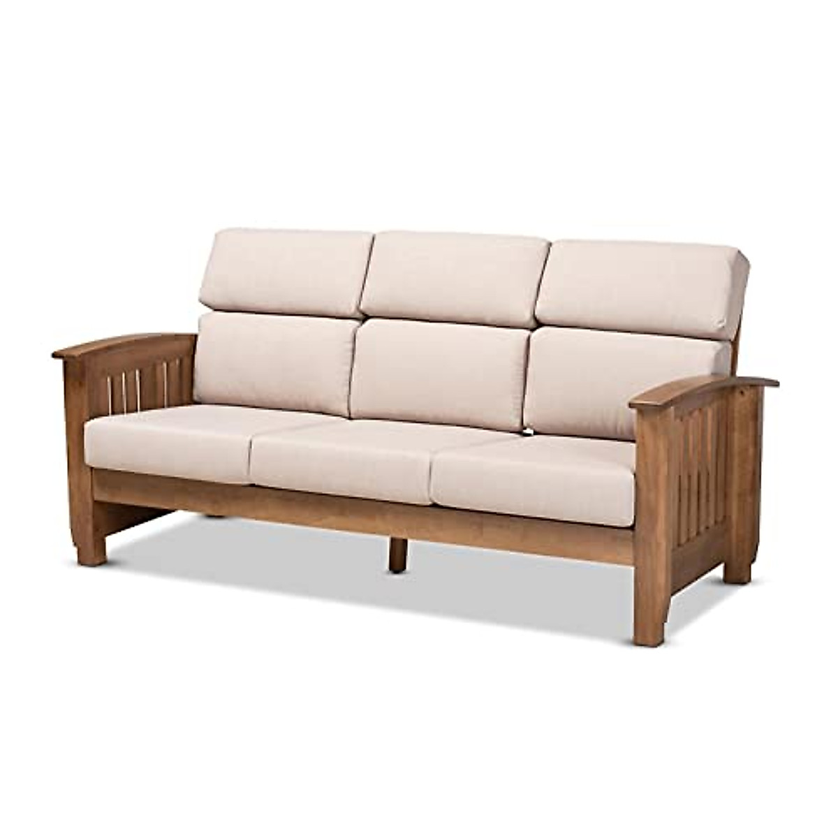Baxton Studio Charlotte Modern Classic Mission Style Taupe Fabric Upholstered Walnut Brown Finished Wood 3-Seater Sofa