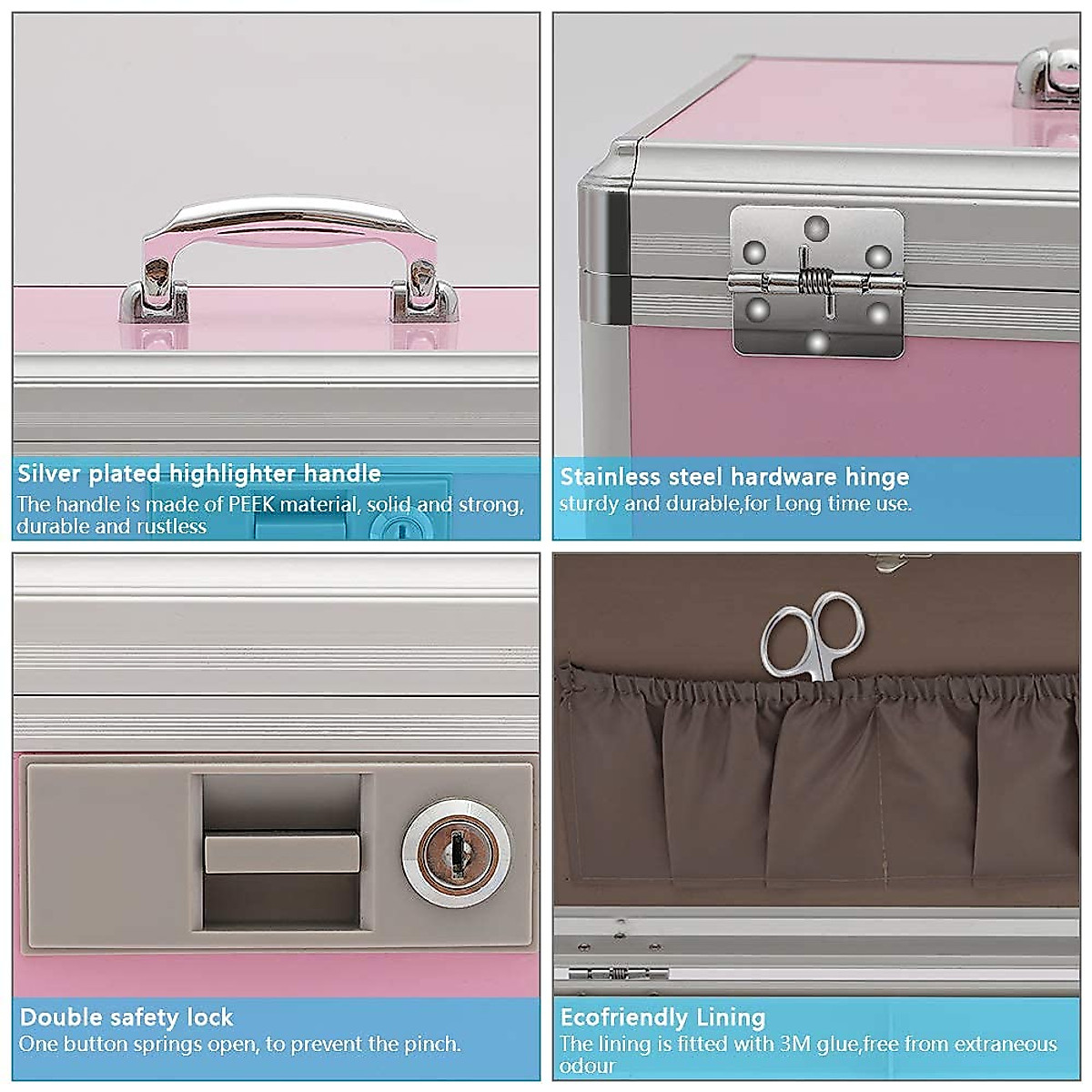 xydstay Medicine Lock Box, First Aid Safe Medication Storage Box,Layered Aluminum Daily Medicine Cabinet,Large Capacity Locking Medicine Storage Box for Family Use,14" x 7.9" x 8.7", Pink