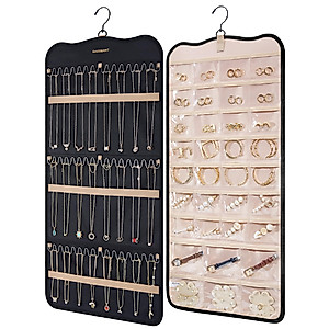 BAGSMART Hanging Jewelry Organizer Storage with Hanger Metal Hooks Double-Sided Jewelry Holder for Earrings, Necklaces, Rings on Closet, Wall, Door, 1 piece Large Black