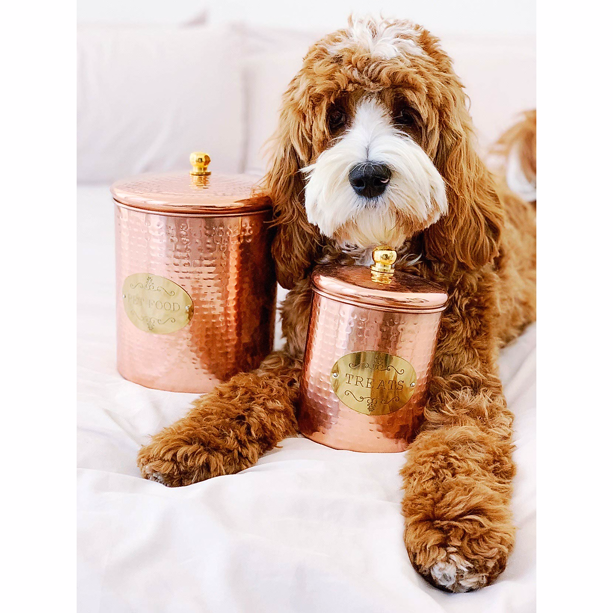 Amici Pet Copper Spaniel Treats Canister, Decorative Hand Made Hammered Finish Metal Storage Container, 104 Ounce Capacity (Large)