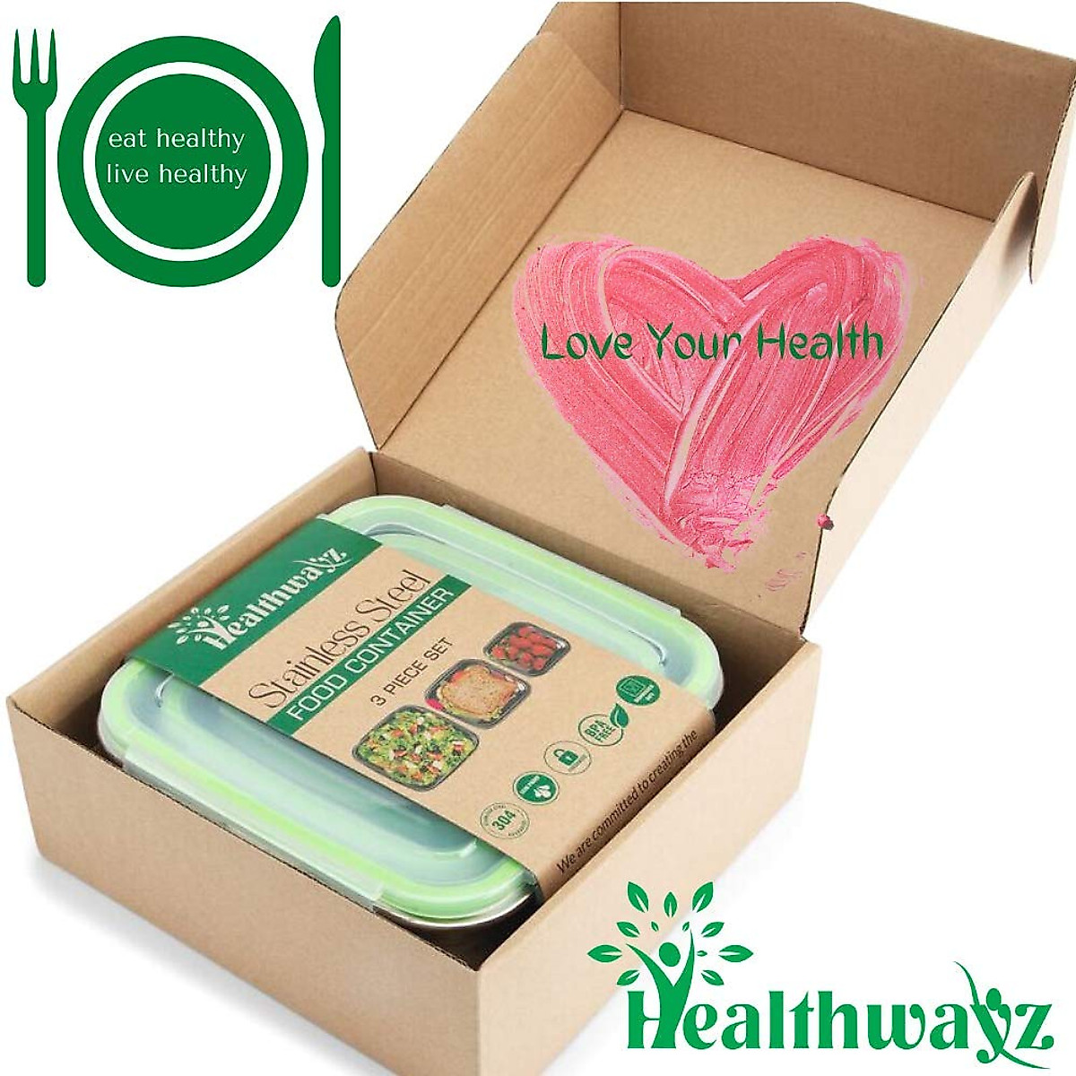 Healthwayz Stainless Steel Food Containers Set of 3 Stackable Lunch Boxes Sandwich Salad Containers for Kids Adults Kitchen Storage Leak Proof BPA-Free Eco Friendly Bonus Recipe eBook & Videos