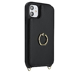 Lipvina for iPhone 13 Mini Case with Card Holder and Strap for Women,Crossbody Lanyard,Kickstand Ring Stand,Snap Clasp,RFID Blocking,Phone Wallet Cases 5.4 inch(Black)