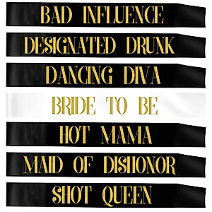 Bachelorette Sash Set (7 pcs) - Bride to Be Sash Bachelorette Party Decorations - Bride and Bridesmaid Sashes for Bachelorette party decorations (Black, Gold letters). Ideal Bridal Shower Supplies