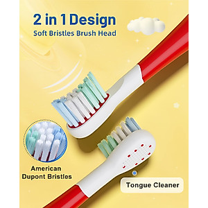 JTF Kids Electric Toothbrush-for Ages 3-12, Rechargeable Electric Toothbrushes, Wireless Fast Charge & Long Battery Lasting for 60 Days,with Smart Timer 3 Modes & 2 Kids Size Brush Heads, Red…