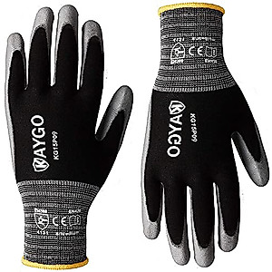 KAYGO Work Gloves PU Coated-12 Pairs, KG15P,Nylon Lite Polyurethane Safety Work Gloves, Gray Polyurethane Coated, Knit Wrist Cuff,Ideal for Light Duty Work (Large, Black)