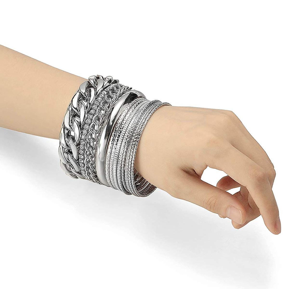 Ensoul Shiny Silver Color Multiple Textured Metal Bracelets & Bangles Set 14Pcs/Set W/Rhinestones