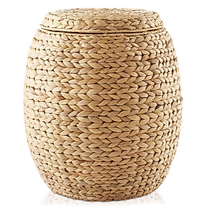 Casafield Round Storage Basket with Lid - Natural, Handwoven Water Hyacinth Organizer for Laundry, Blankets, Plants, Bedroom, Living Room, Home Office