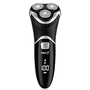 MAX-T Men's Electric Shaver - Corded and Cordless Rechargeable 3D Rotary Shaver Razor for Men with Pop-up Sideburn Trimmer Wet and Dry Painless 100-240V Black