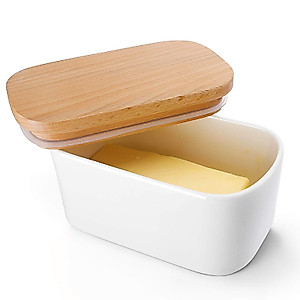 Sweese 303.101 Large Butter Dish - Airtight Butter Keeper Holds Up to 2 Sticks of Butter - Porcelain Container with Beech Wooden Lid, White
