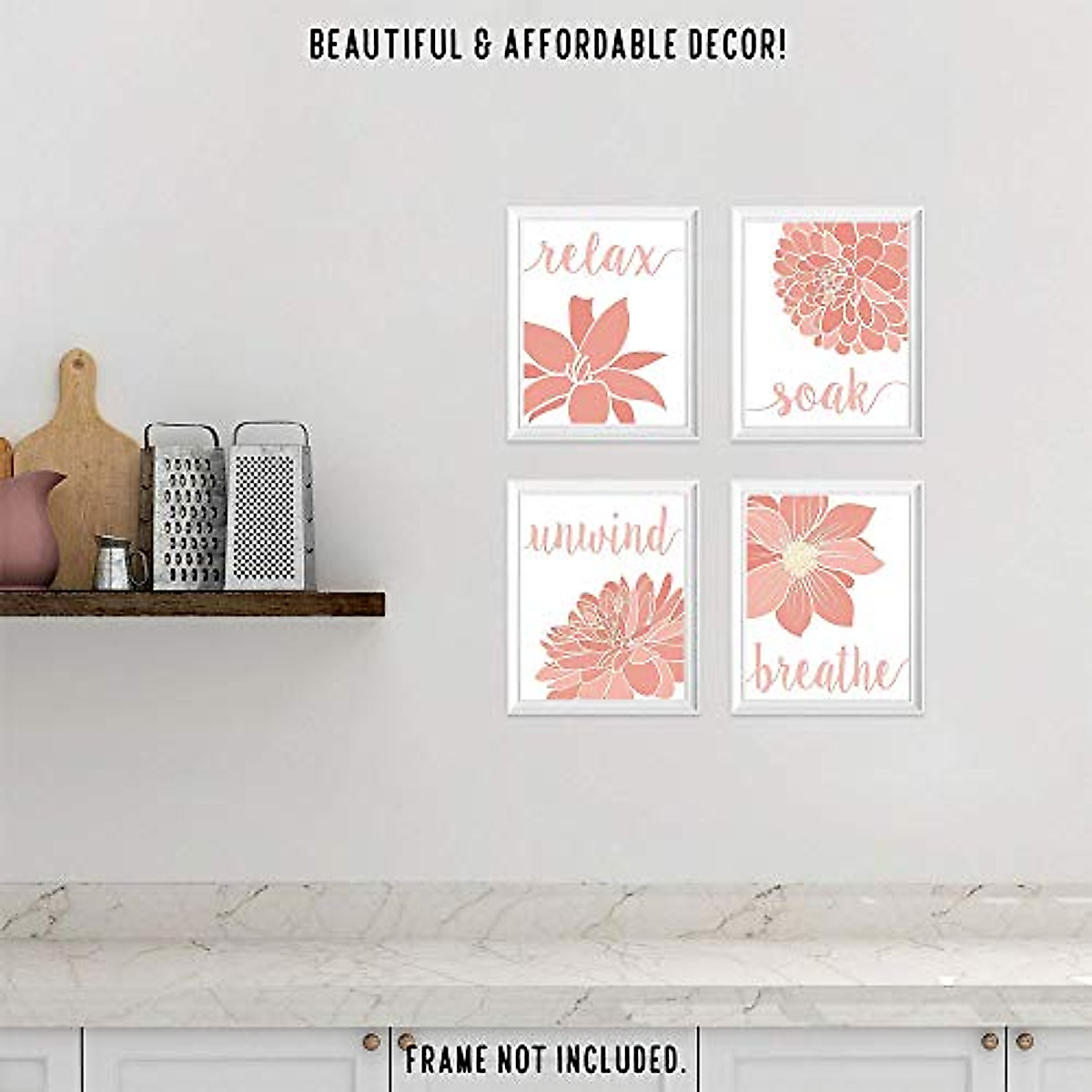 Relax Soak Unwind Breathe Pink White Blend Bath Flowers Prints, 4 (8x10) Unframed Photos, Wall Art Decor Gifts Under 20 for Home Office Studio College Student Teacher Floral Garden Yoga Inspired Fans
