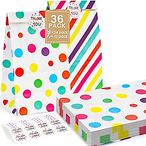 JOHOUSE 36PCS Party Favor Bags, Treat Bags with Stickers Colorful Stripe Dot Gift Bags for Kids Birthday Party Baby Showers 4.7" x 3.1" x 8.7"