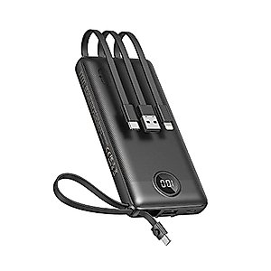 VEEKTOMX Portable Charger with Built in Cables, 10000mAh Ultra Slim Power Bank with 5 Outputs and LED Display, External Battery Compatible with iPhone/iPad/Samsung and Other Smart Devices for Travel