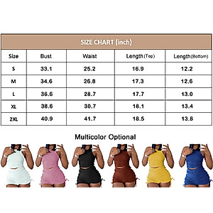 Summer Two Piece Outfits for Women, Casual Stretchy Ribbed Tank Crop Top Drawstring Ruched Shorts Set Workout Tracksuits (Black,M)