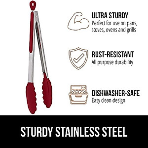Gorilla Grip Silicone Tongs Set of 2 and Manual Can Opener, Silicone Tongs Are 9 and 12 Inch, Can Opener Includes Built in Bottle Opener, Both in Red Color, 2 Item Bundle