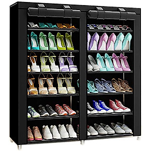 TXT&BAZ 36-Pairs Portable Shoe Rack Double Row with Nonwoven Fabric Cover (7-Tiers Black)