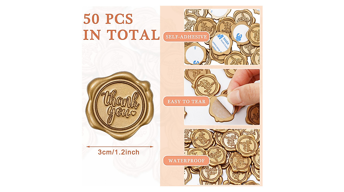 Gold Wax Seal Stickers - 50 Pack for Invitations & Crafts