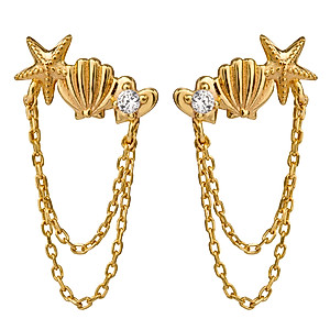 Disney Little Mermaid Jewelry, Seashell Dangle Chain Earrings, Flash Plated Sterling Silver