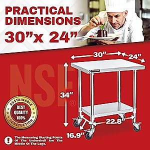 Food Prep Stainless Steel Table - DuraSteel 30 x 24 Inch Metal Table Cart - Commercial Workbench with Caster Wheel - NSF Certified - For Restaurant, Warehouse, Home, Kitchen, Garage