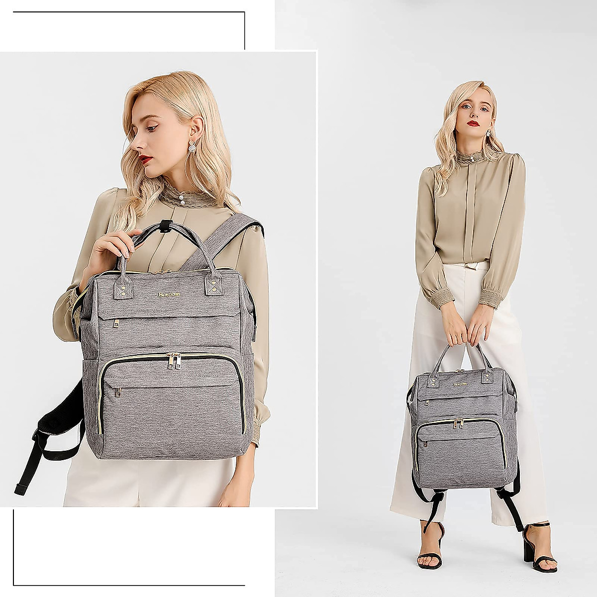 Ronyes Laptop Backpack for Women, Teacher Backpack with Laptop Compartment USB Charging Port Waterproof Travel College School Work Backpack for Nurse, Business Computer Bags 15.6 Inch, Grey